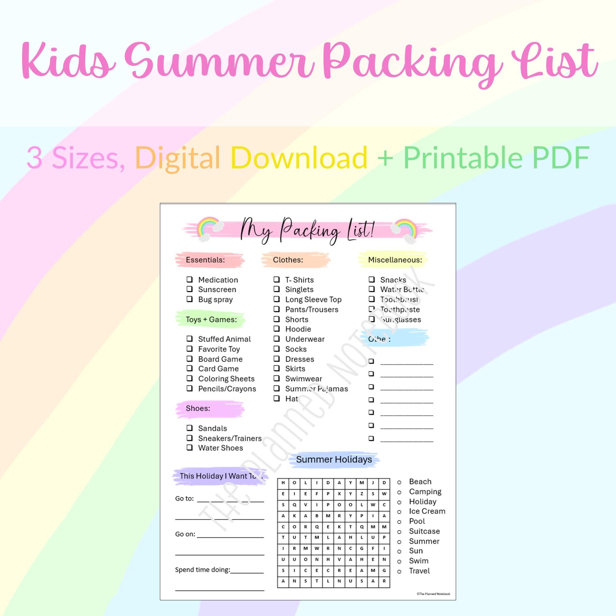 Printable Kids Summer Packing List, Kids Travel Packing List, Kids ...