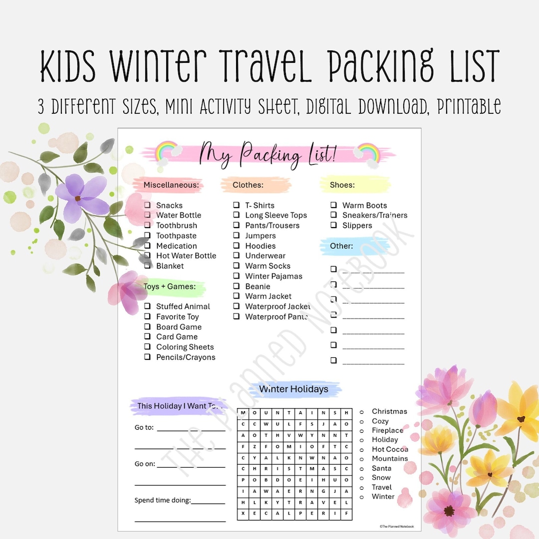 Printable Kids Winter Packing List, Kids Travel Packing List, Child ...