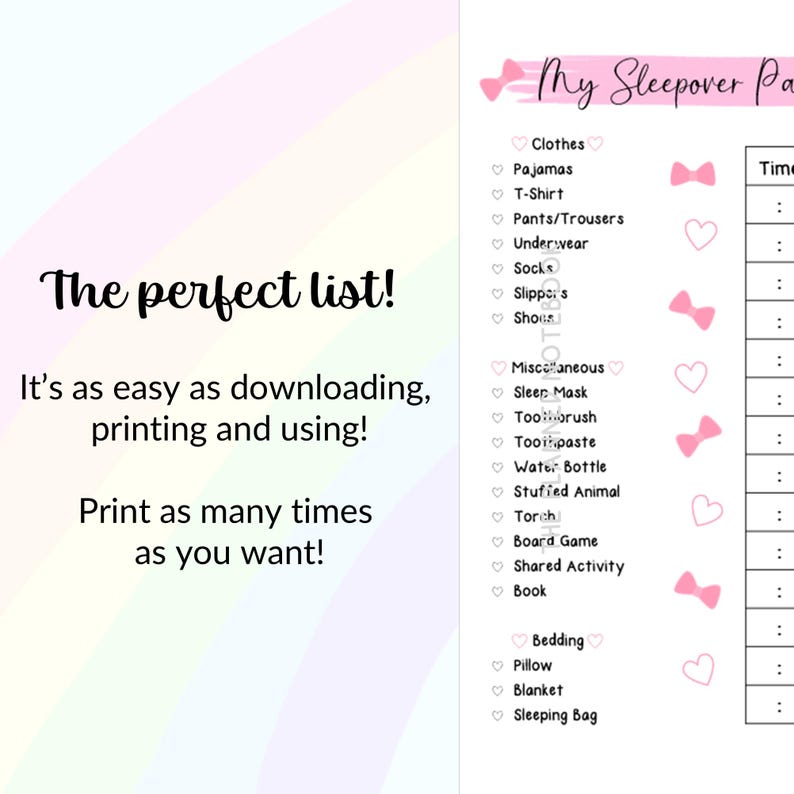 Sleepover Packing List, Packing List, Sleepover List, Girls List, Kids ...