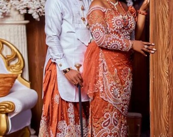 Brown Igbo Couple Matching Wedding Attire, Beaded Indian George Outfit ...