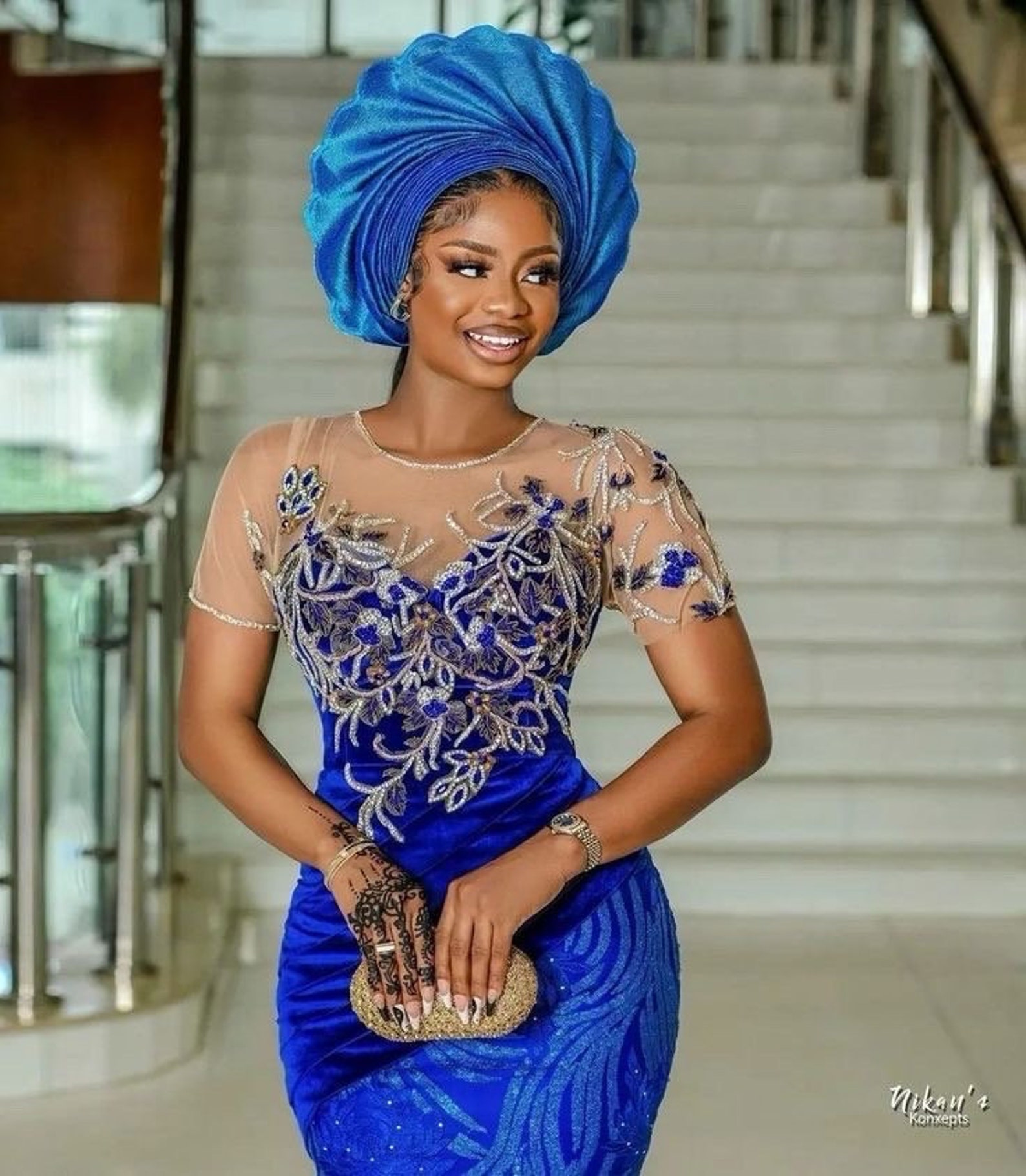 African Aseobi Dress, African Aseoke Dress, Wedding Guest Outfit, Blue ...
