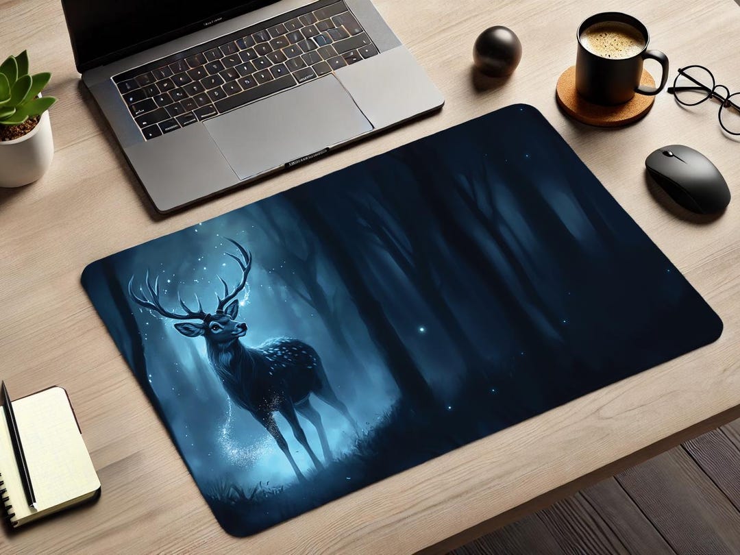 Magical Stag Desk Mat Mystic Forest Deer With Glowing Antlers Dark ...