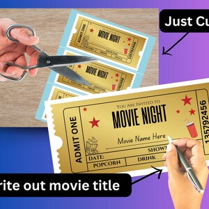 Printable Movie Ticket, Instant Download, Fun Movie Night Theme Voucher ...