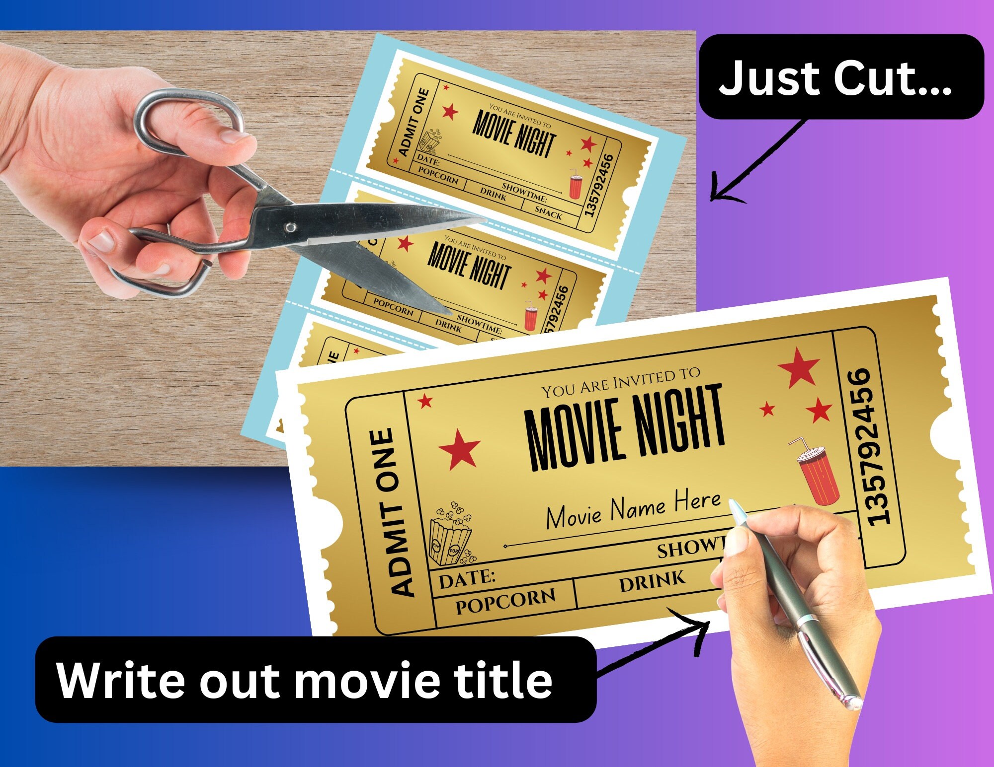 Printable Movie Ticket, Instant Download, Fun Movie Night Theme Voucher ...
