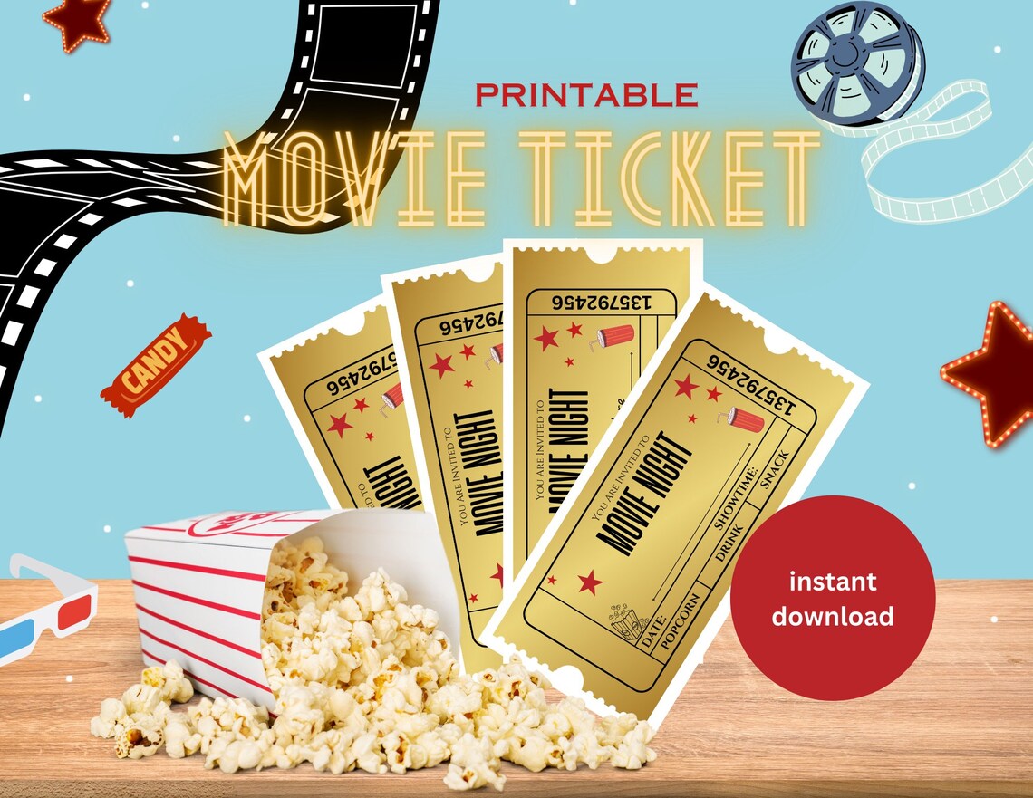 Printable Movie Ticket, Instant Download, Fun Movie Night Theme Voucher ...