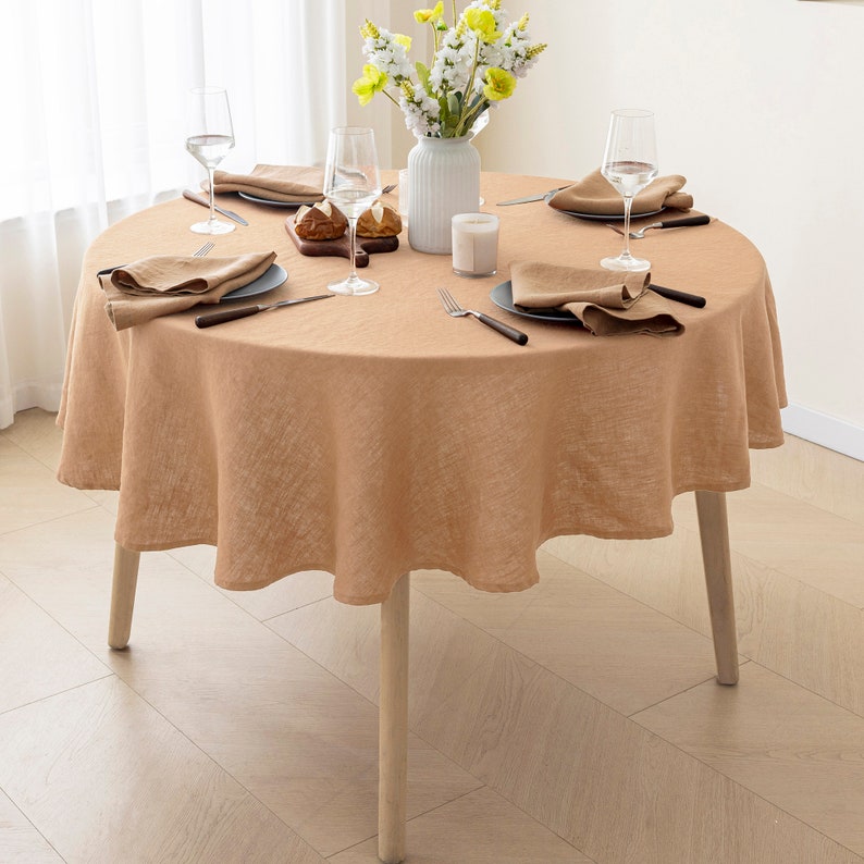 Linen Round Tablecloth 65'' DIA Durable Eco-friendly Washed 100% Pure ...