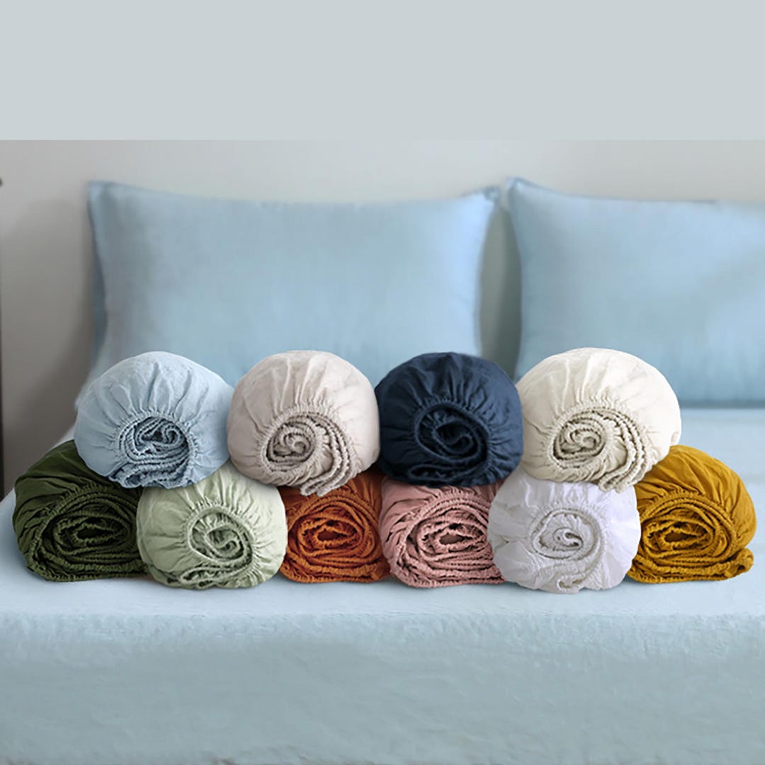 100% Linen Fitted Sheets Stone Washed Soft and Breathable Bedding Sheet ...