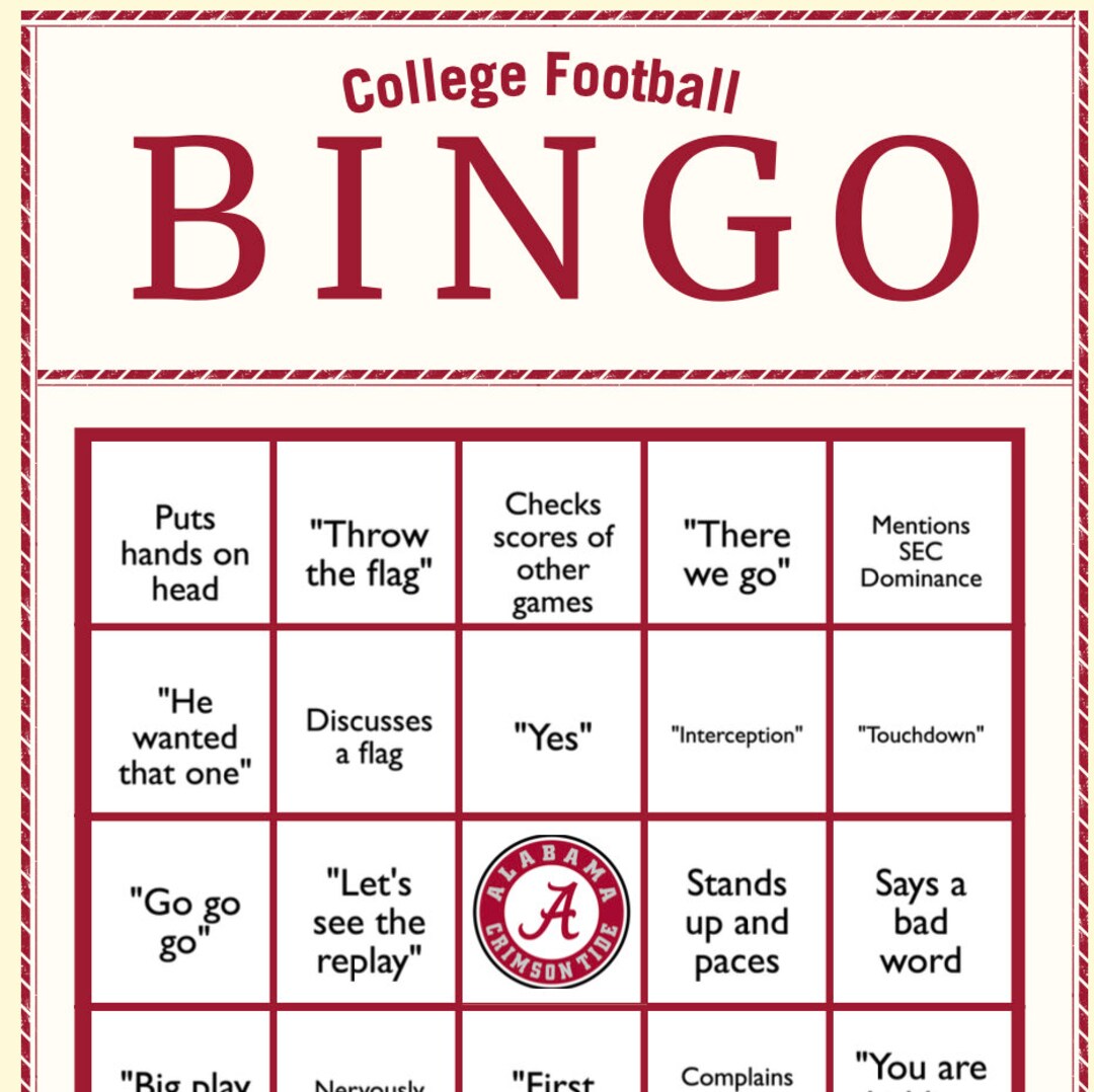 Alabama Crimson Tide Bingo Board – 10 Unique Game Day Boards for ...