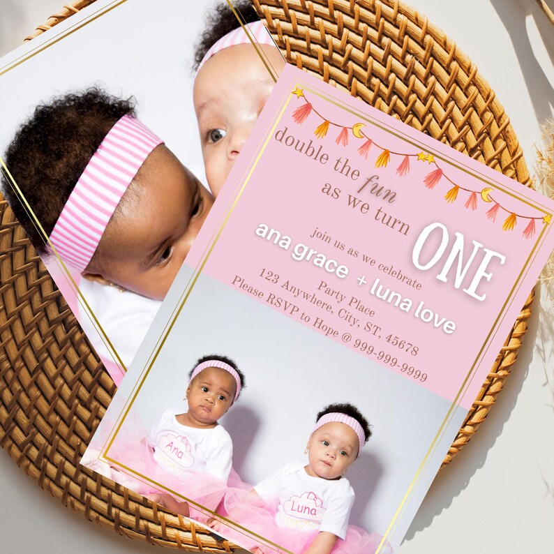 Twins First Birthday Invitation | Boy Girl Twin Turning One Birthday ...