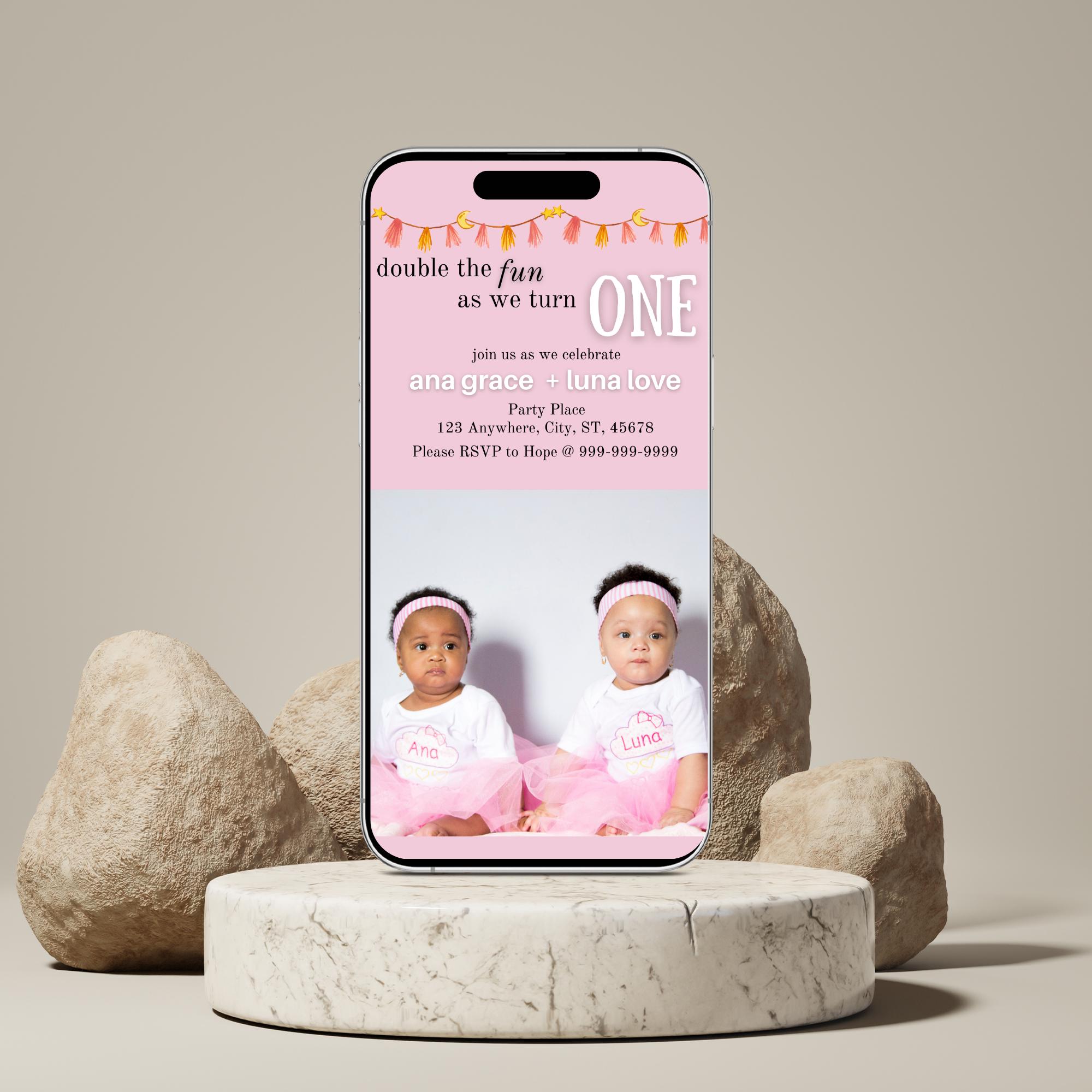 Twins First Birthday Invitation | Boy Girl Twin Turning One Birthday ...