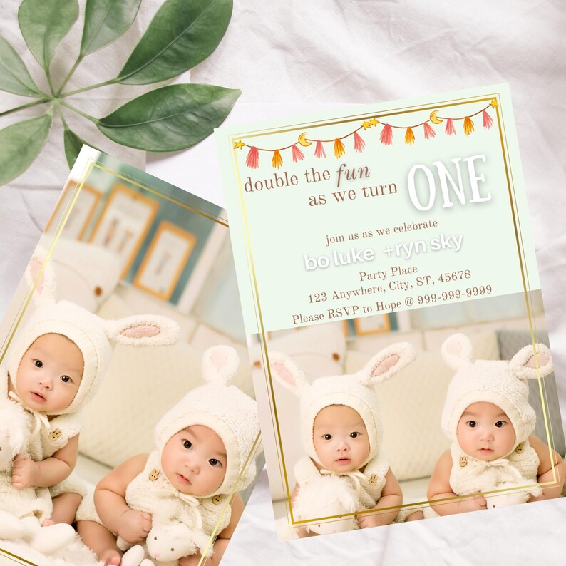 Twins First Birthday Invitation | Boy Girl Twin Turning One Birthday ...