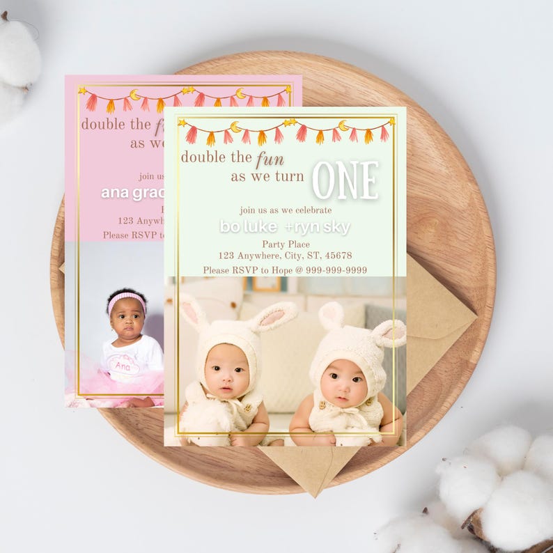 Twins First Birthday Invitation | Boy Girl Twin Turning One Birthday ...