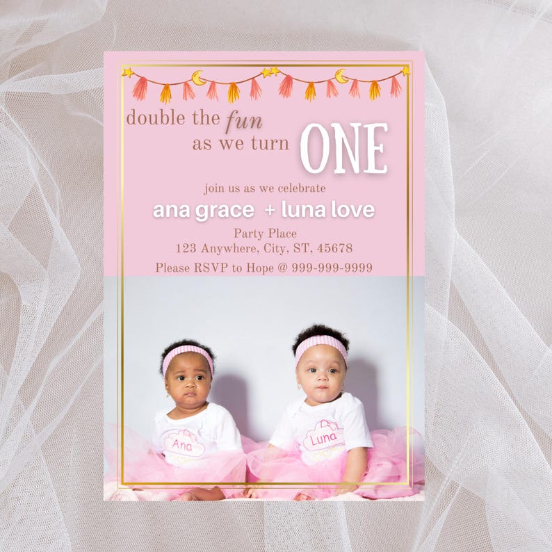 Twins First Birthday Invitation | Boy Girl Twin Turning One Birthday ...