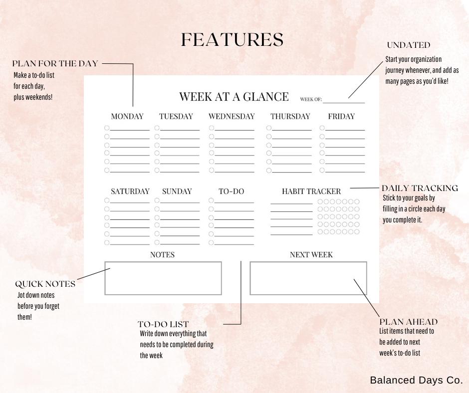 Weekly Digital Planner | Week at A Glance Template | Extended To-do ...