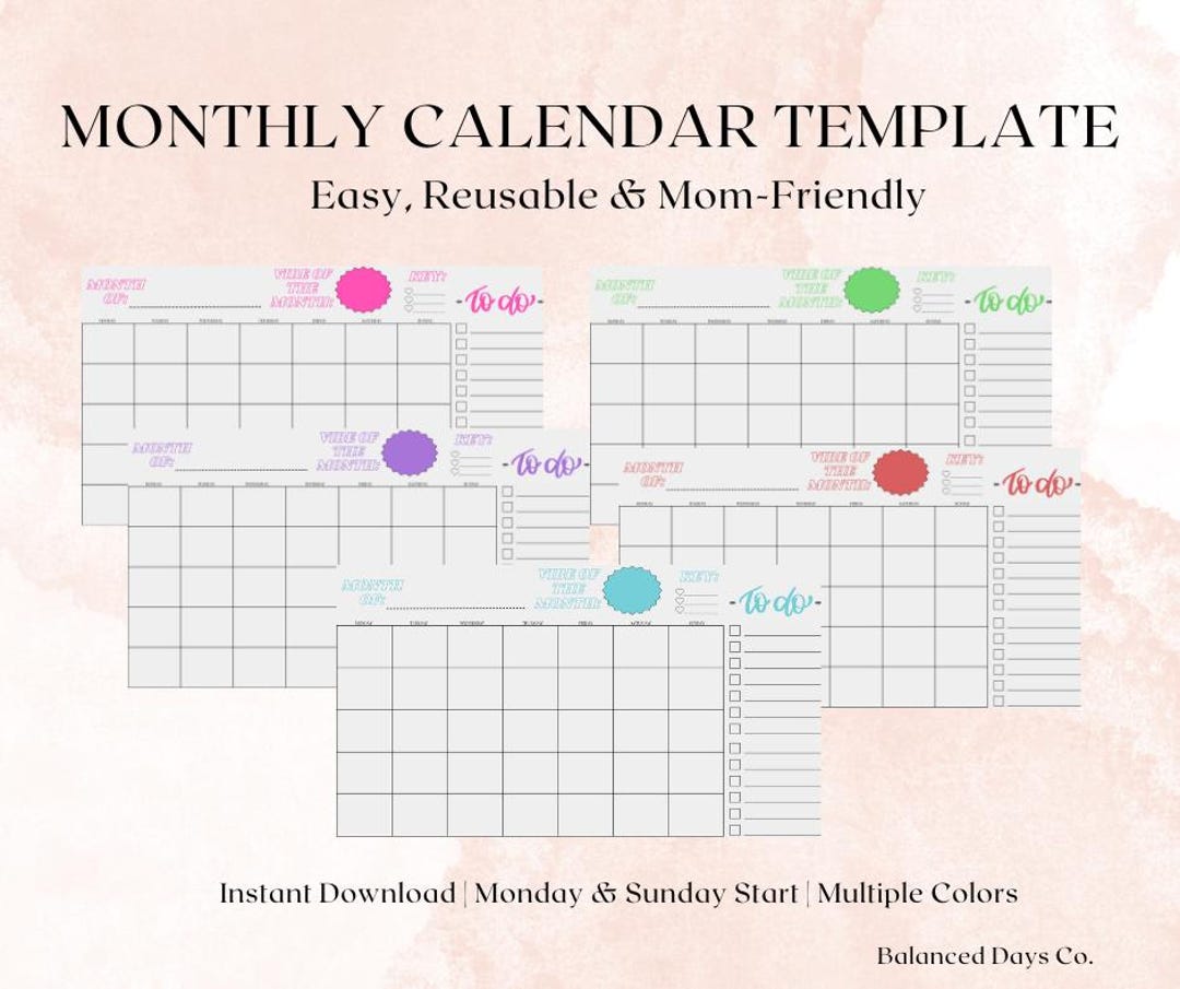 Monthly Calendar PDF Template | Undated, Reusable, Printable & Digital ...