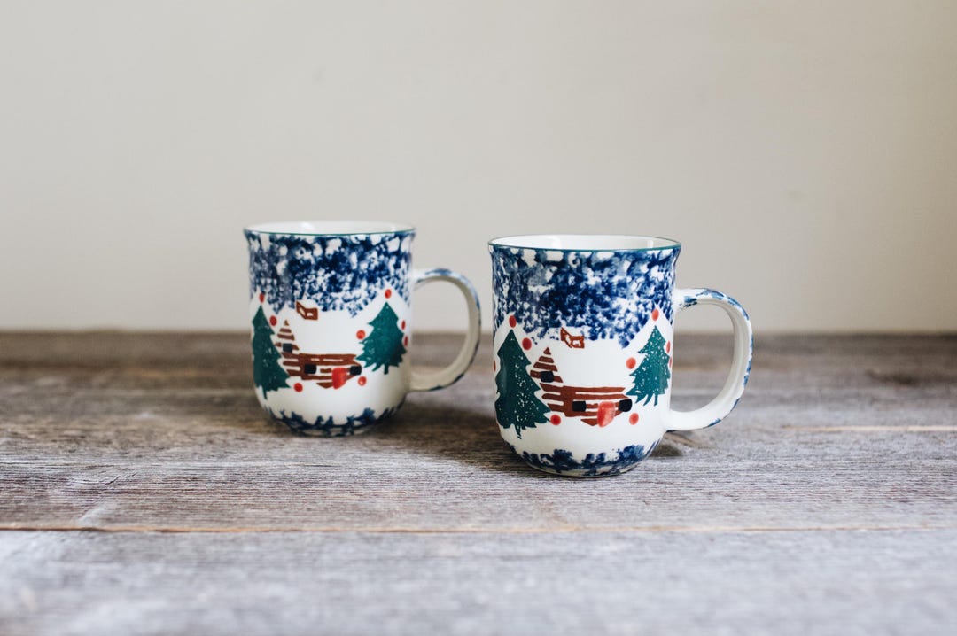 Pair of Vintage Folk Craft Cabin in the Snow Coffee Mugs by Tienshan ...