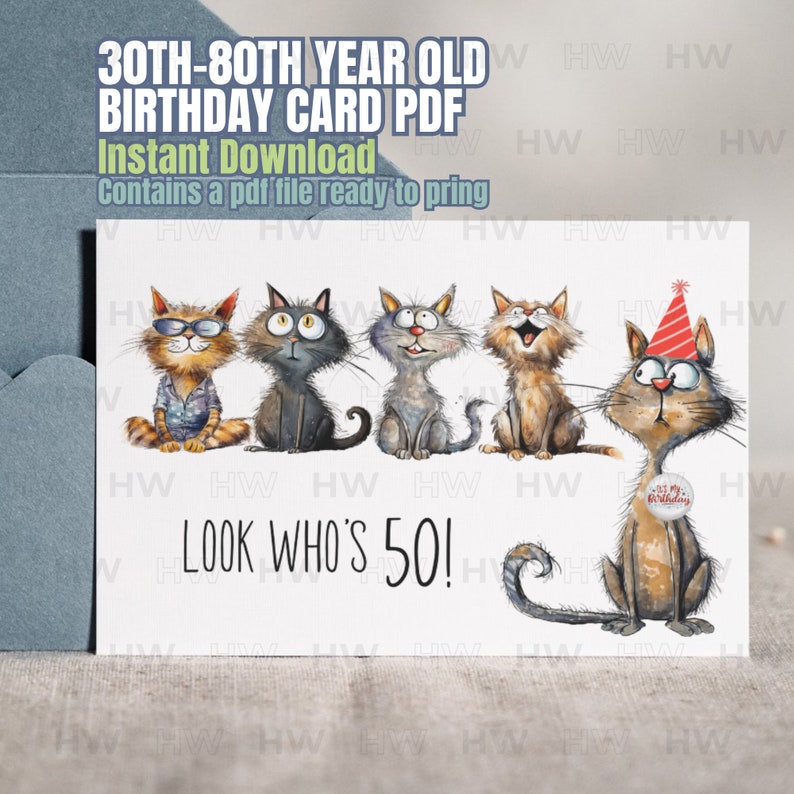 Funny Cats Birthday Card, Milestone Birthday, 30th - 80th (digital ...