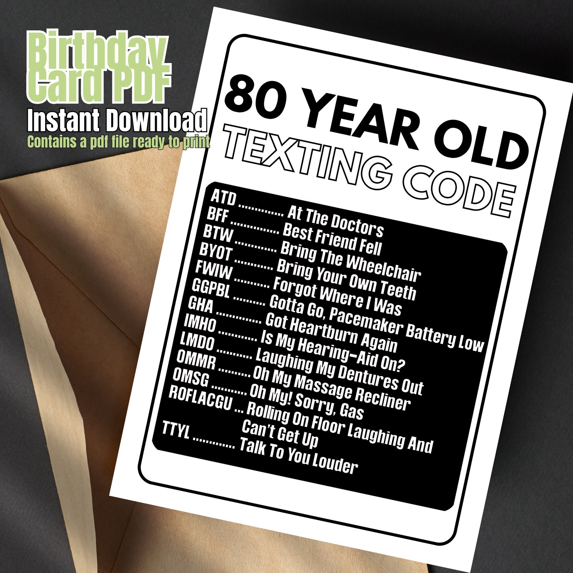 Funny 70th/80th Birthday Card, Texting Code Design (PDF) - Etsy