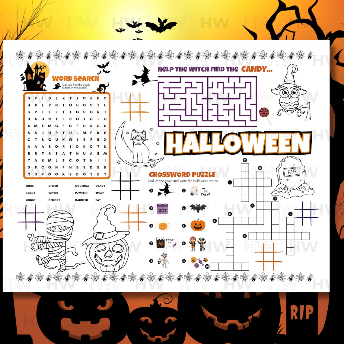 Halloween Activity Placemats, Kids Coloring Pages (instant Download) - Etsy