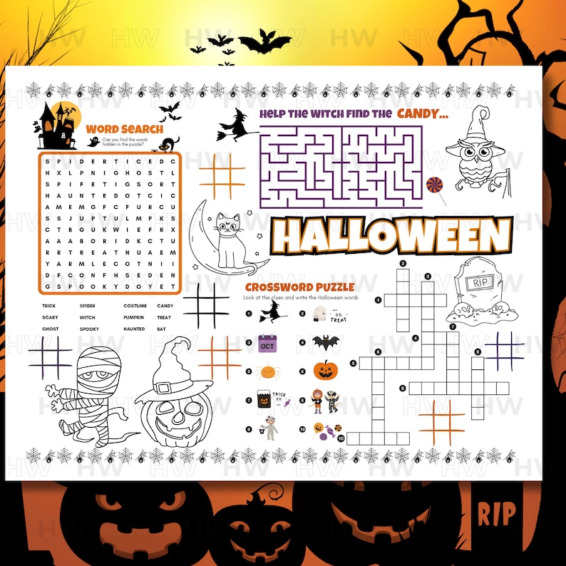 Halloween Activity Placemats, Kids Coloring Pages (instant Download) - Etsy