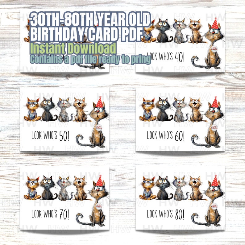 Funny Cats Birthday Card, Milestone Birthday, 30th - 80th (digital ...