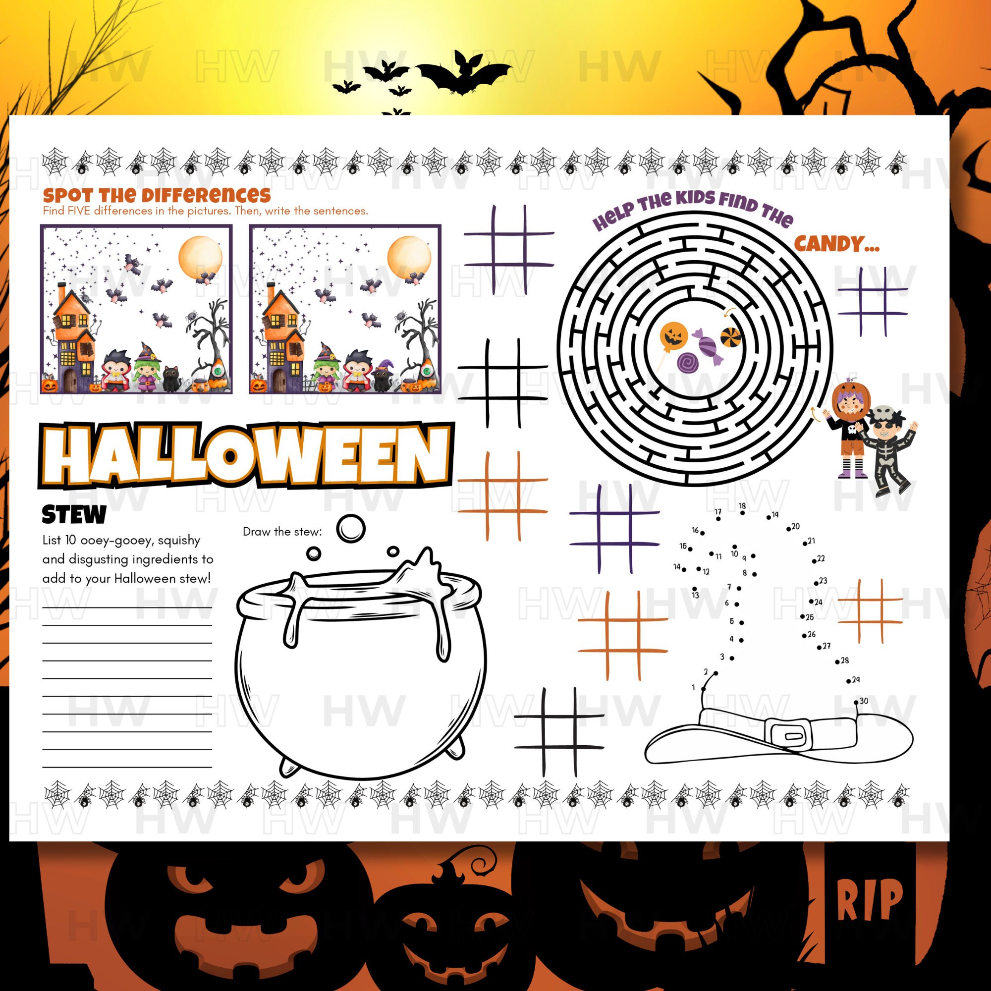 Halloween Activity Placemats, Kids Coloring Pages (instant Download) - Etsy