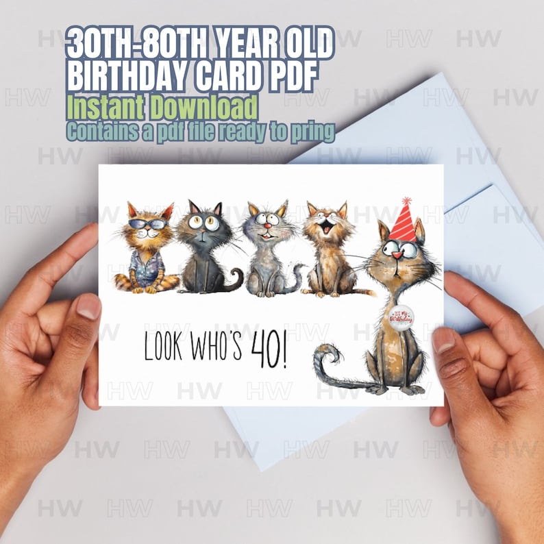 Funny Cats Birthday Card, Milestone Birthday, 30th - 80th (digital ...