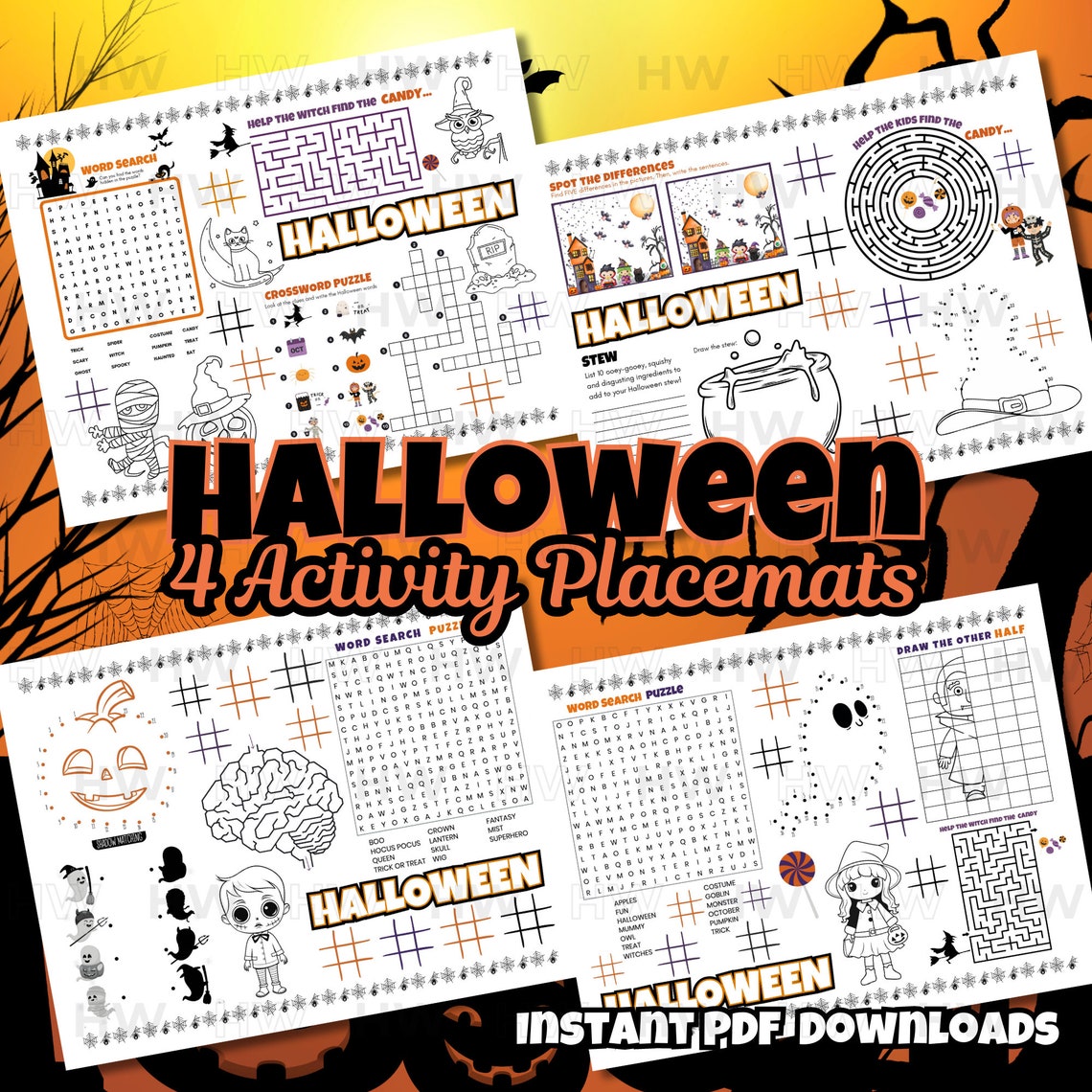 Halloween Activity Placemats, Kids Coloring Pages (instant Download) - Etsy