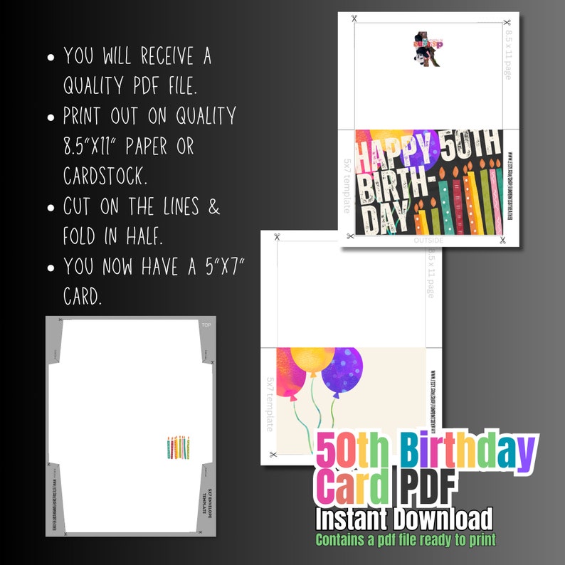50th Birthday Card, Instant Download, PDF Card, Envelope Template ...