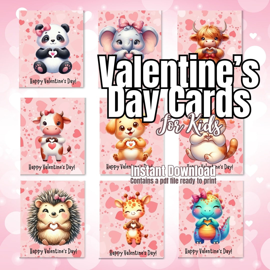 Valentines Day Cards for Kids, Cute Animal Vday Cards, Printable ...
