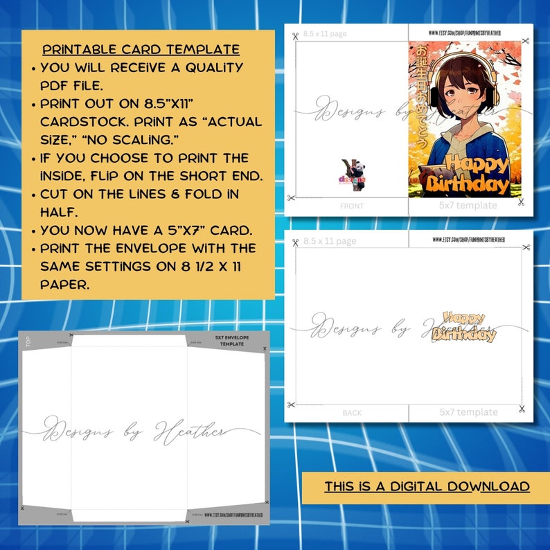 Anime Birthday Card, Instant Download, PDF 5x7 Card, Envelope Template ...