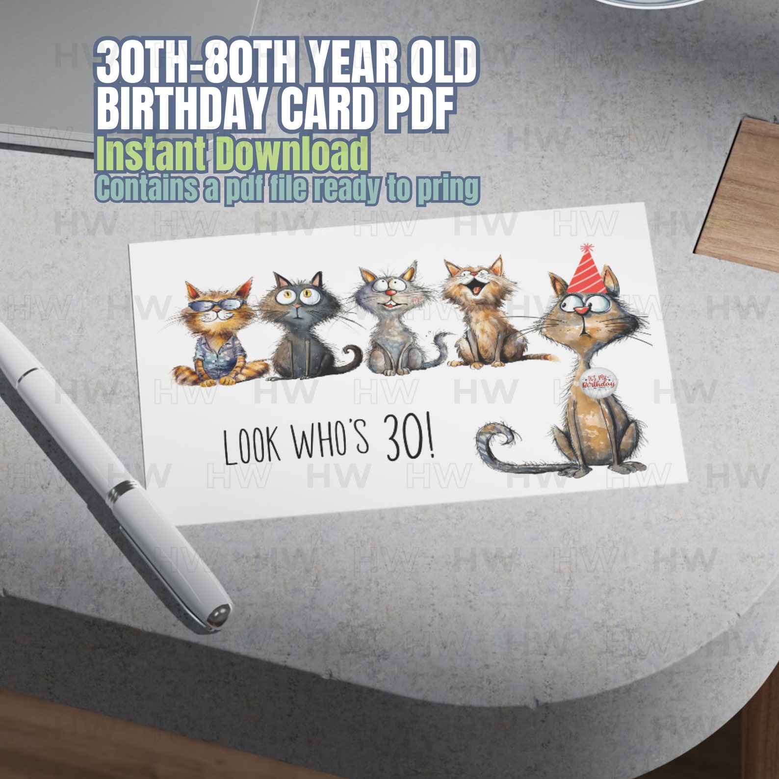 Funny Cats Birthday Card, Milestone Birthday, 30th - 80th (digital ...
