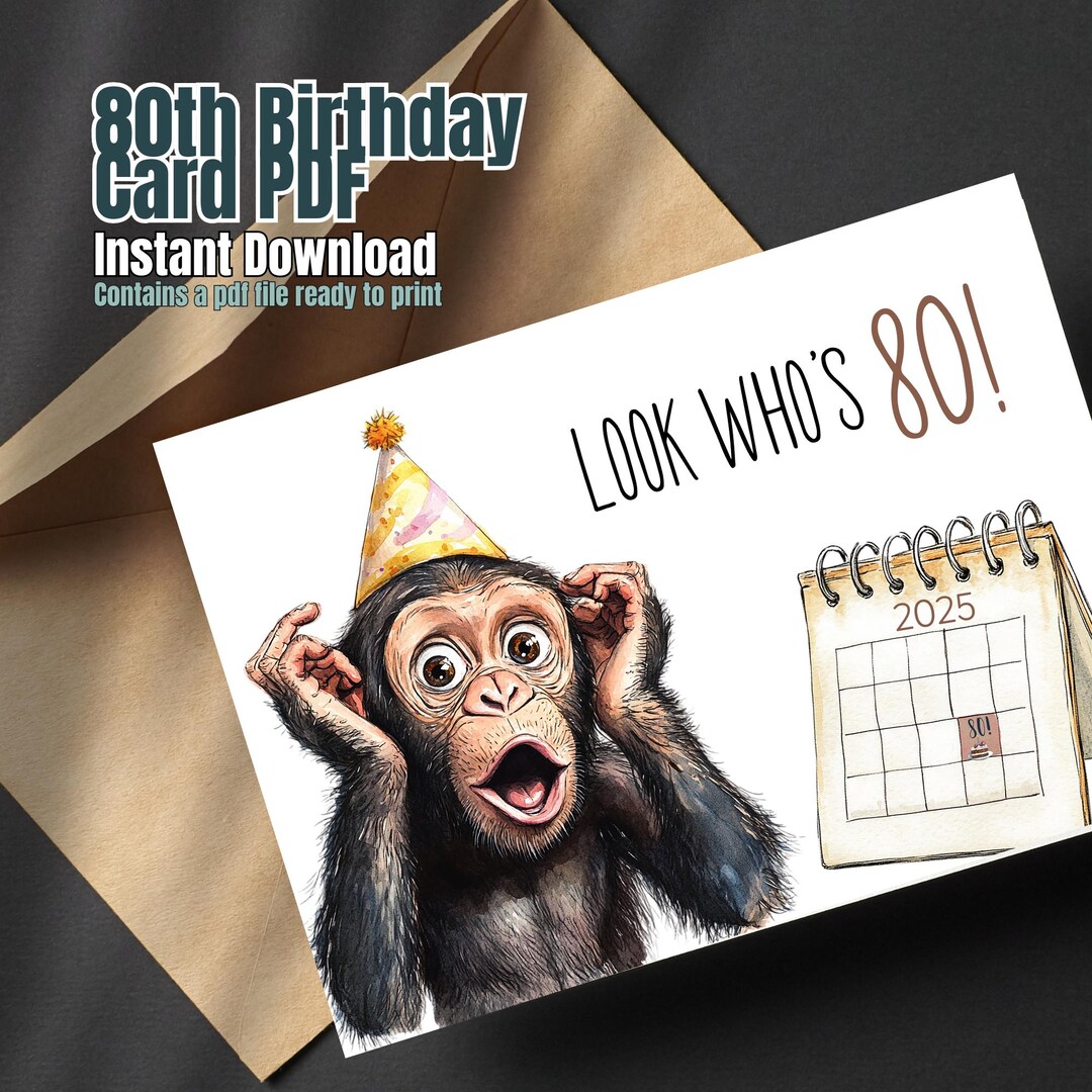 80th Birthday Card, Instant Download, Monkey PDF Card, Envelope ...