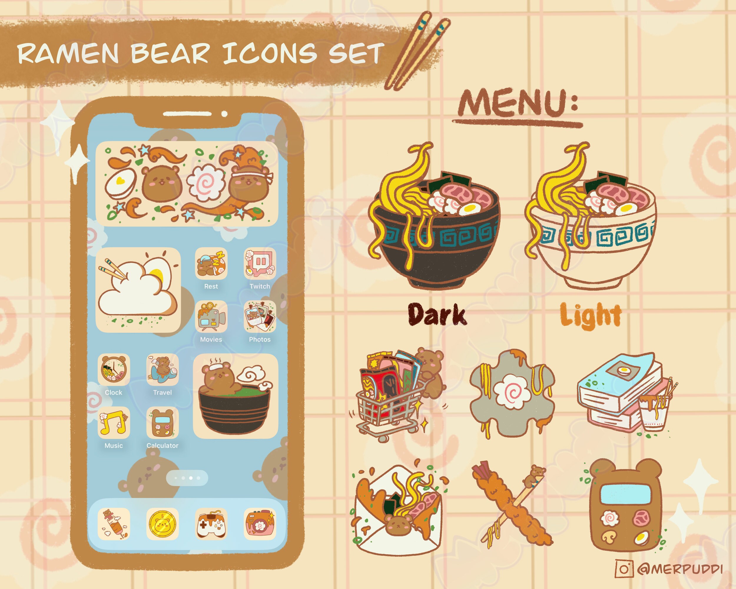 Cute Ramen Bear App Icons Pack IOS & Android - Etsy