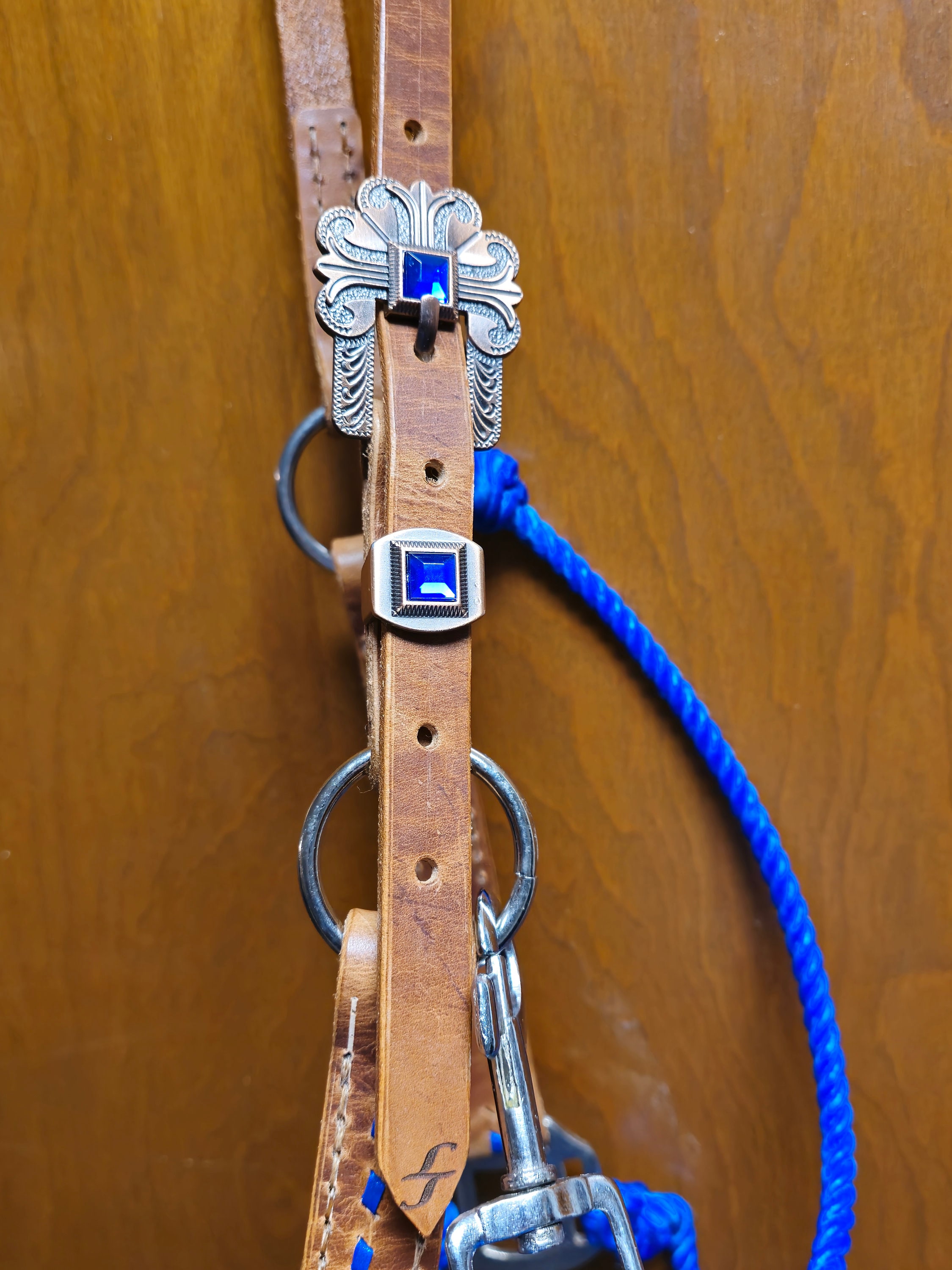 Leather and Rope Halter, Blue Foil Buckstitch, Hand Made in USA, 1 of a ...