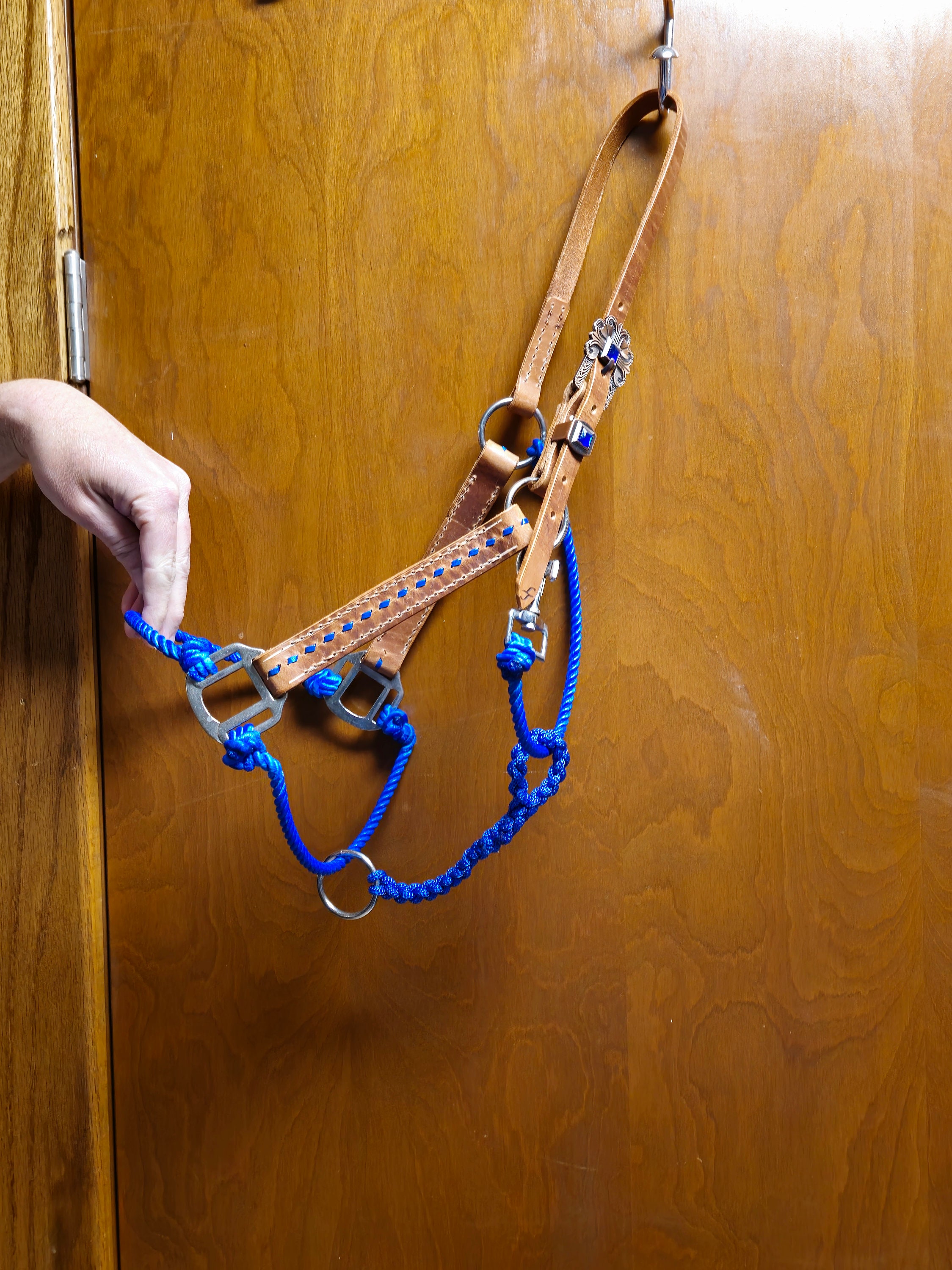 Leather and Rope Halter, Blue Foil Buckstitch, Hand Made in USA, 1 of a ...