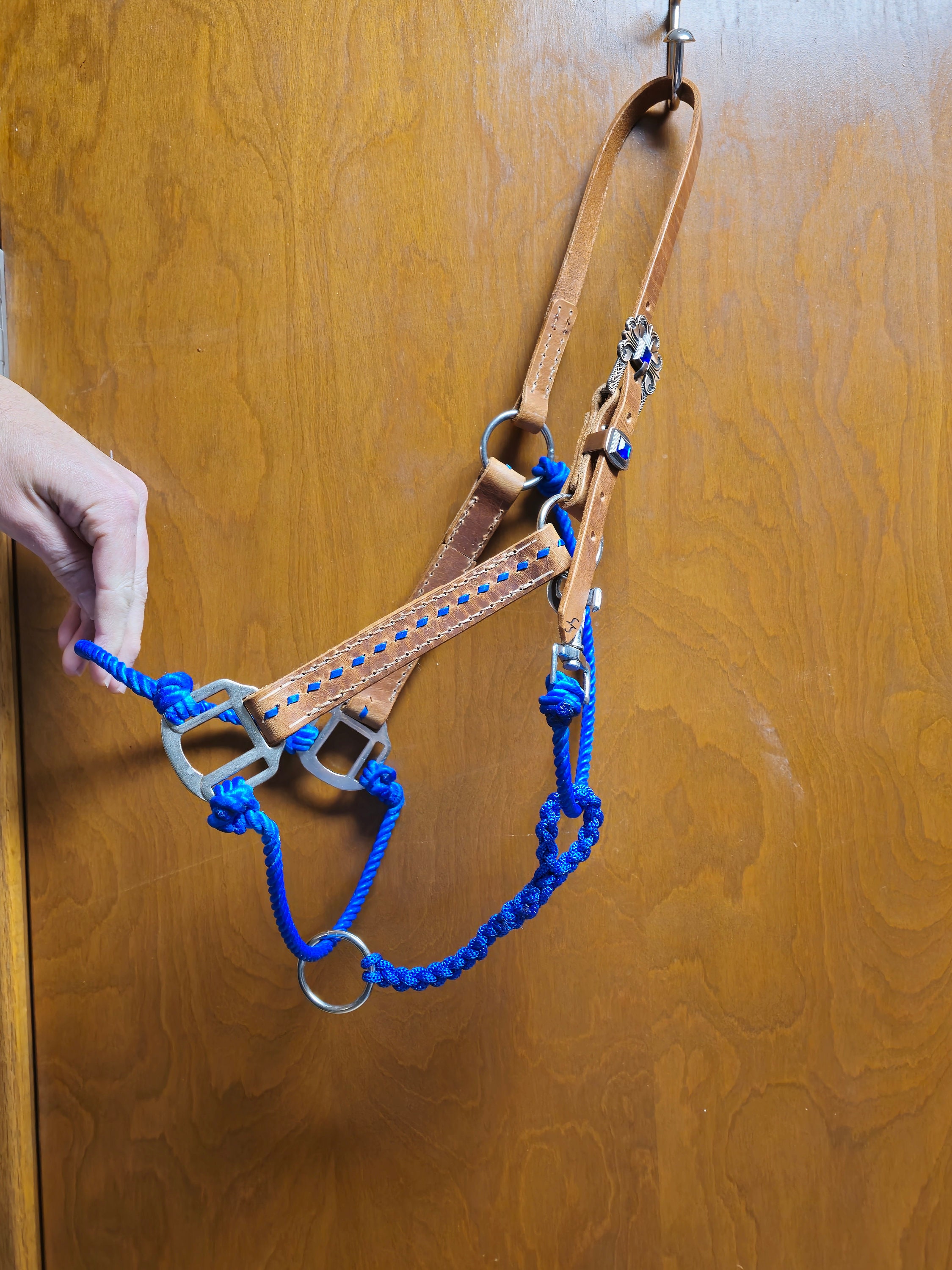 Leather and Rope Halter, Blue Foil Buckstitch, Hand Made in USA, 1 of a ...