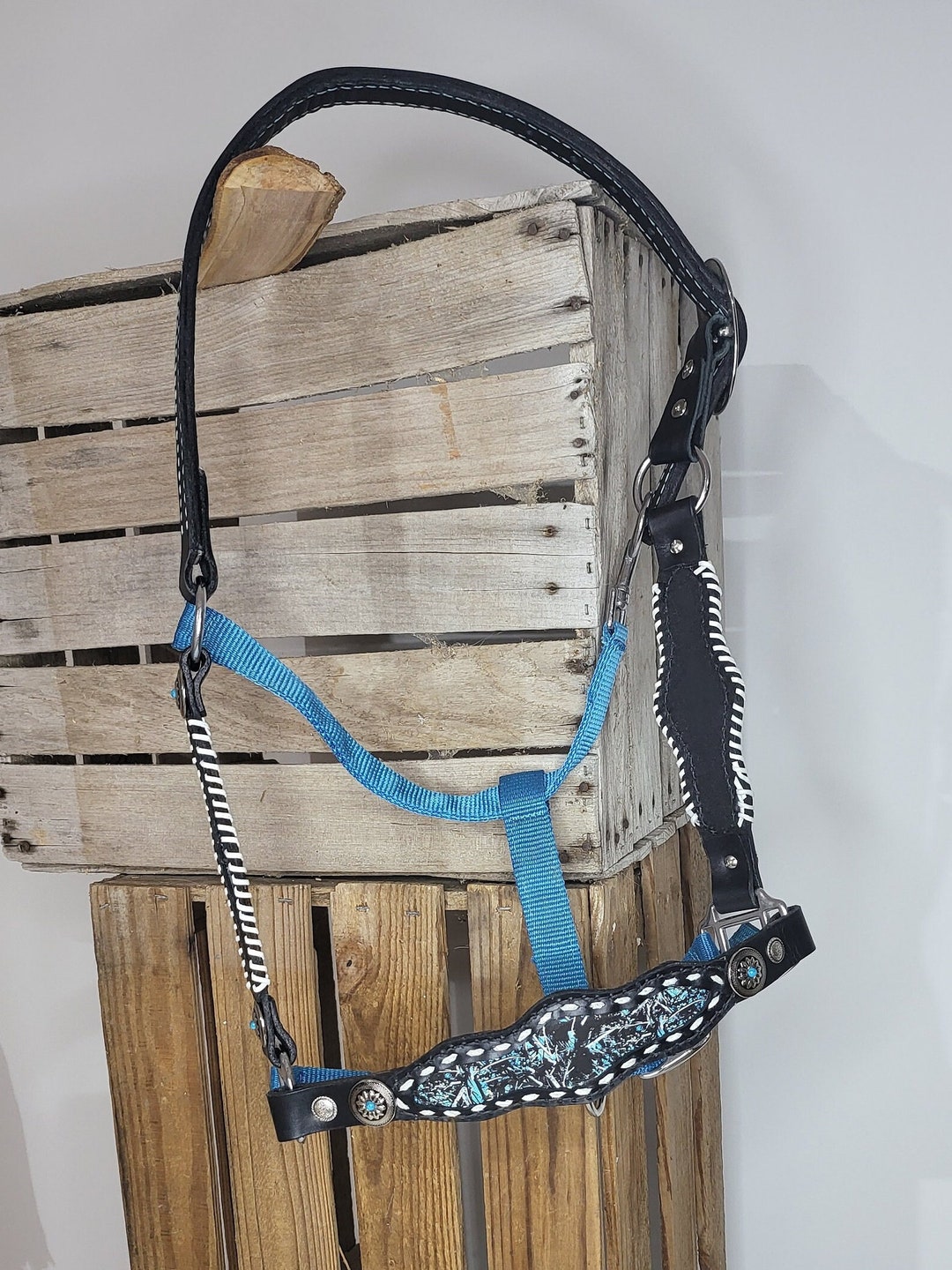 Blue Camo Hybrid Bronc Halter, Leather & Nylon Bronc Halter, Buckstitch, Hand Made in USA, 1 of ...