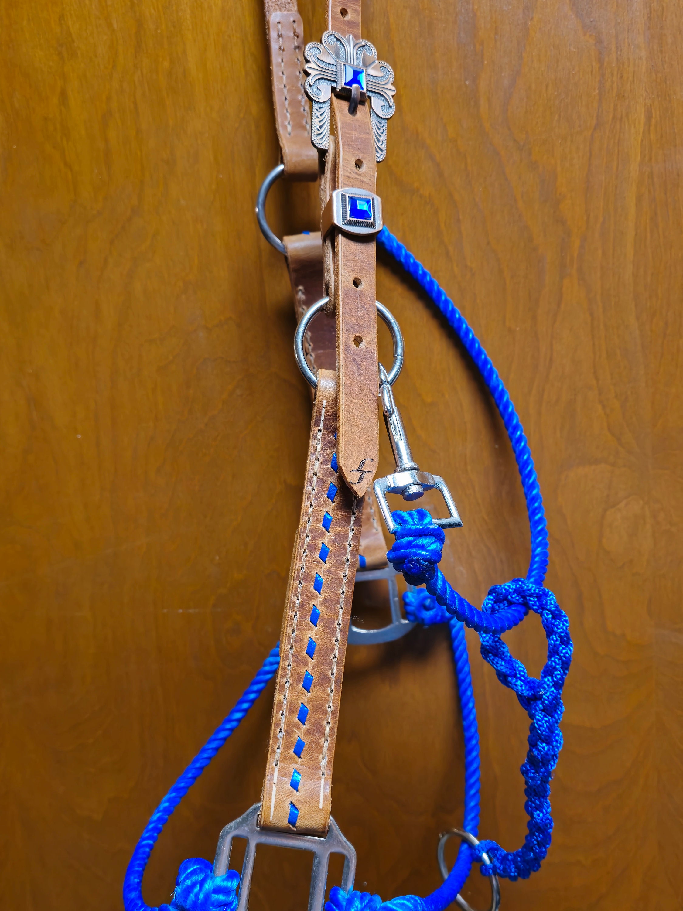 Leather and Rope Halter, Blue Foil Buckstitch, Hand Made in USA, 1 of a ...