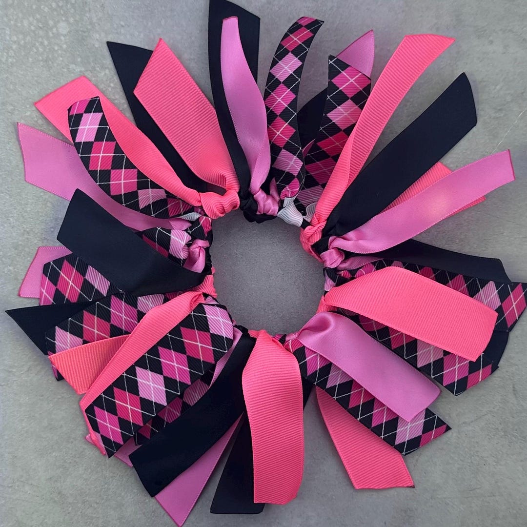 Pink and Black Ribbon Scrunchie, Ribbon Hair Tie, Ribbon Pony Tie, Hair ...