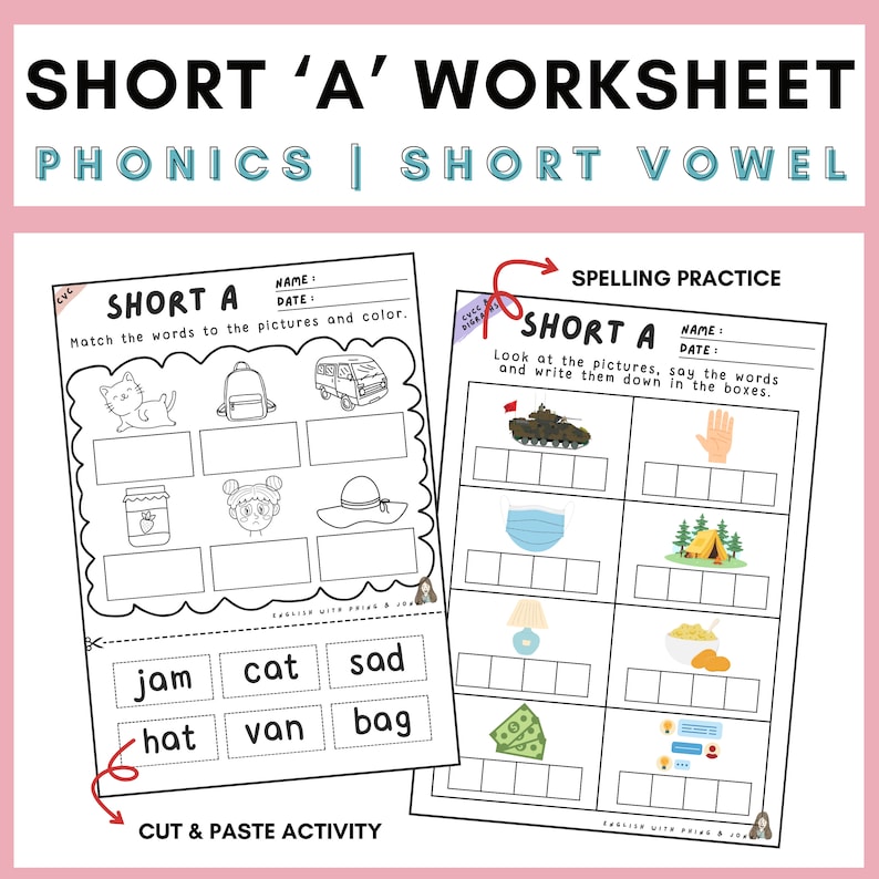 Phonics Worksheet Short A Cut & Paste, Matching and Spelling Activities ...