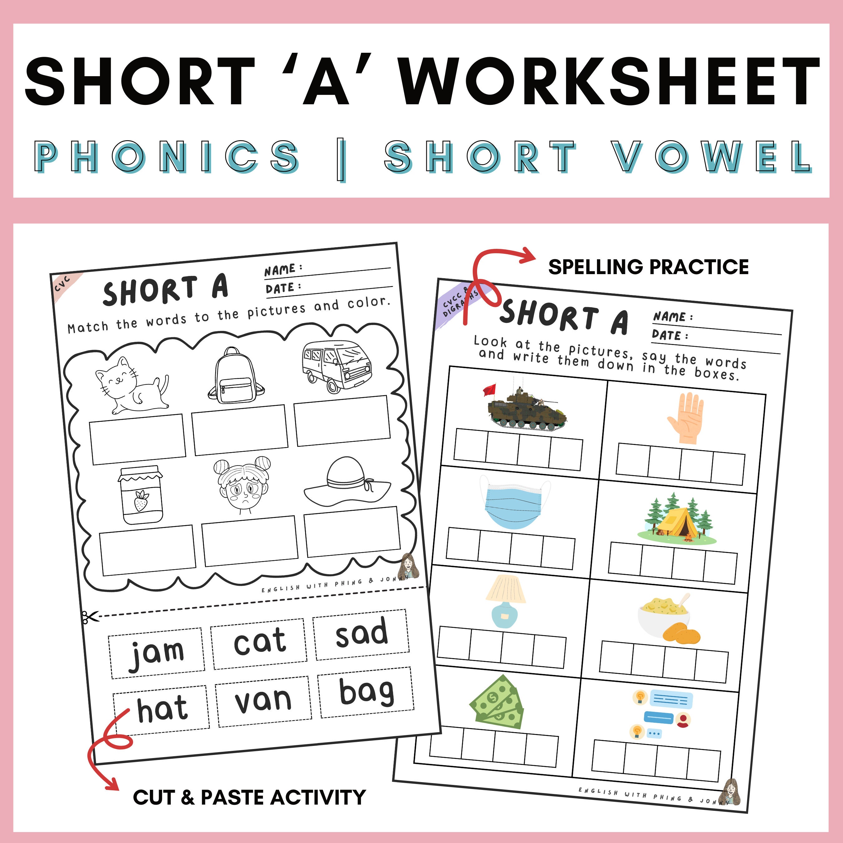 Phonics Worksheet Short A Cut & Paste, Matching and Spelling Activities ...
