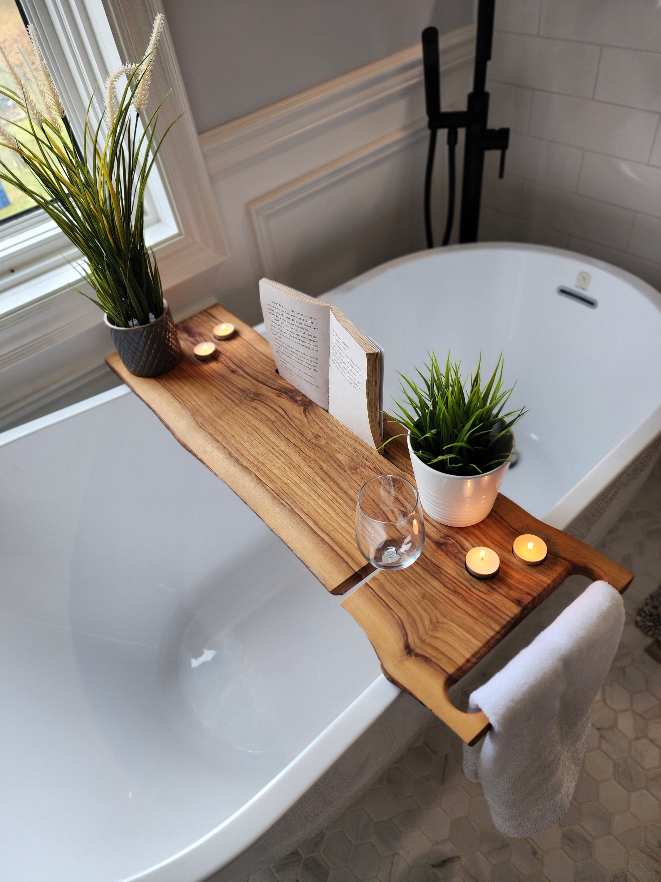 LIVE EDGE Bathtub Caddy Bath Tray With Wine Glass Holder Book Holder ...
