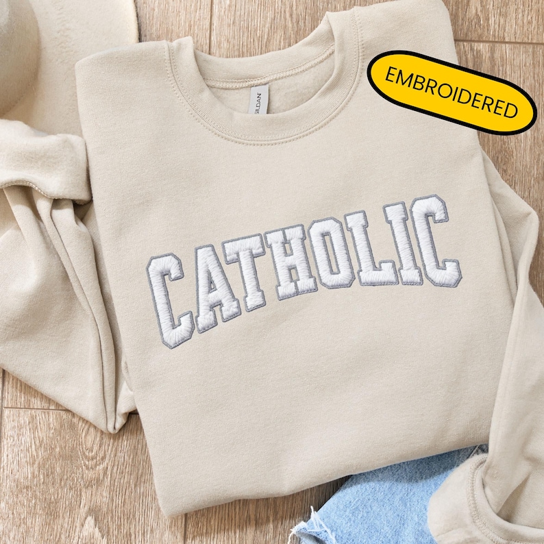 Embroidered Catholic Sweatshirt Collegiate Style Letter Catholic ...
