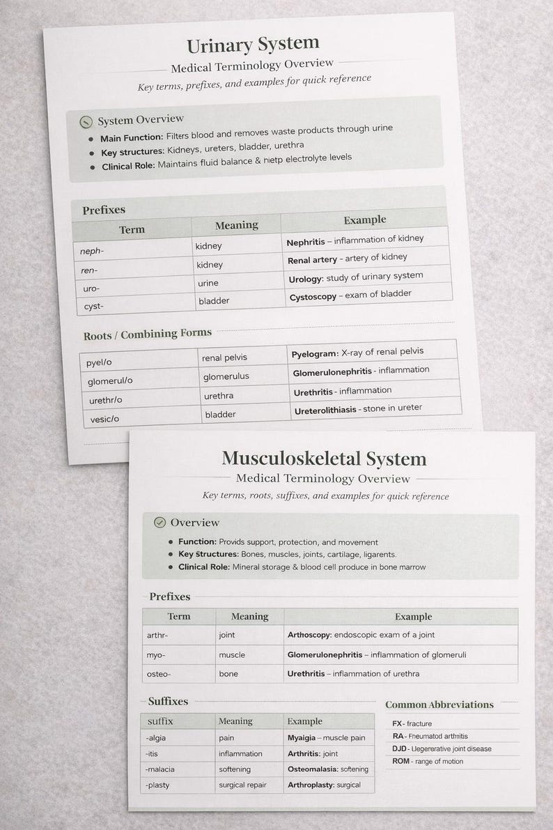 Medical Terminology & All Body Systems Study Guide Cheat Sheet ...