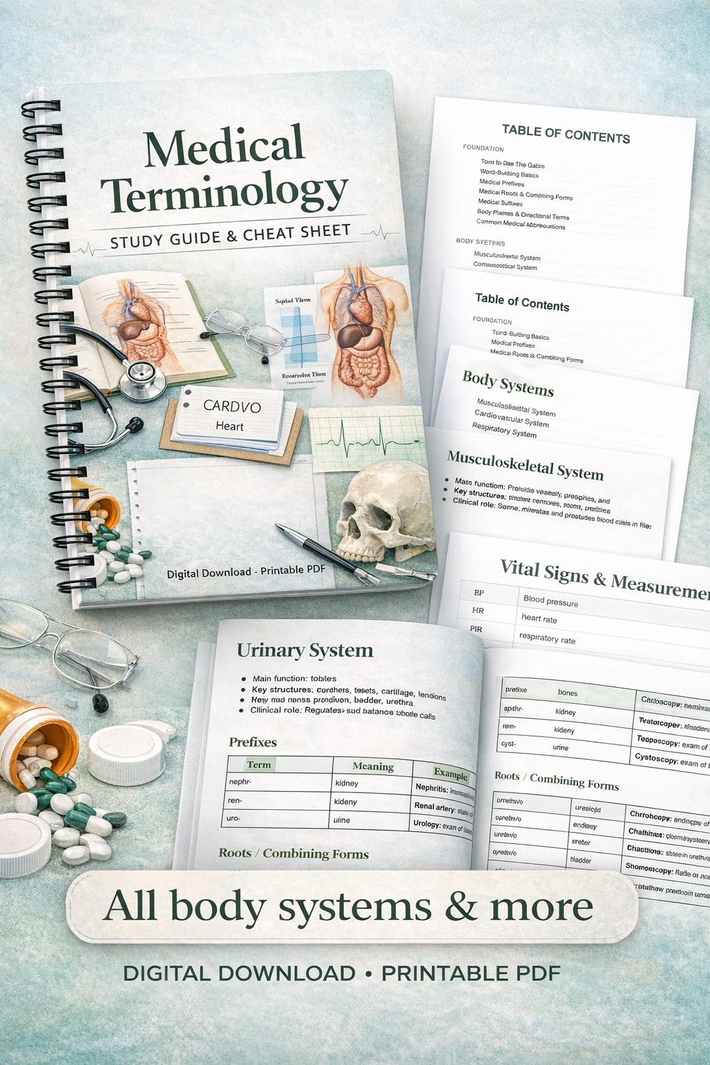 Medical Terminology & All Body Systems Study Guide Cheat Sheet ...