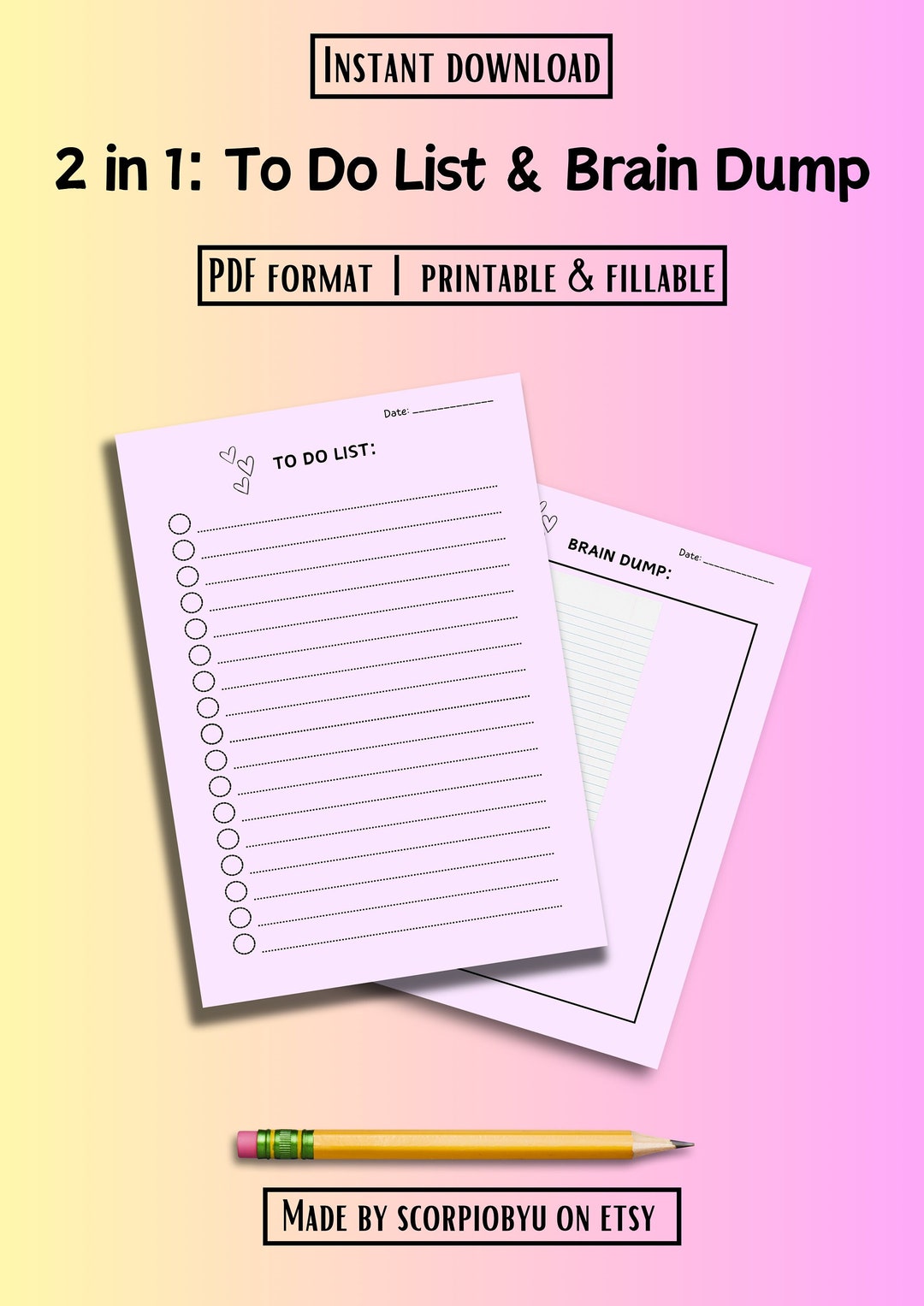 To Do List and Brain Dump, 2 in 1 Instant Download, Organise & Plan ...