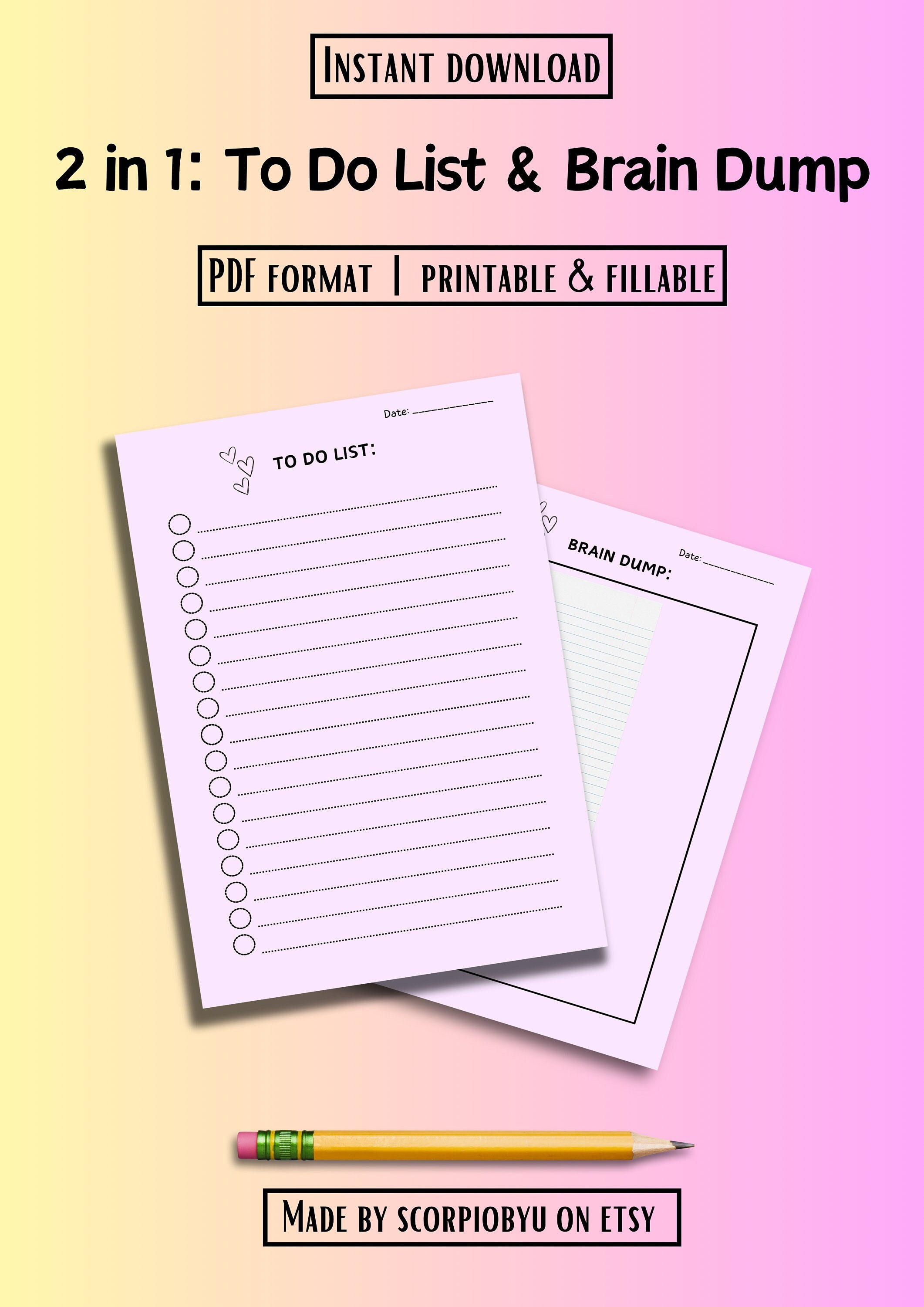 To Do List and Brain Dump, 2 in 1 Instant Download, Organise & Plan ...