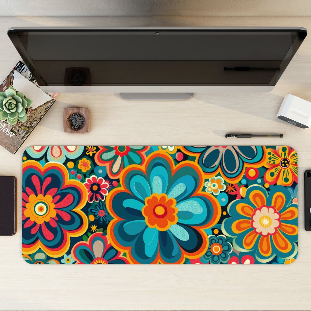 Retro Floral Psychedelic Desk Mat, Abstract Psychedelic Mouse Pad, XL ...