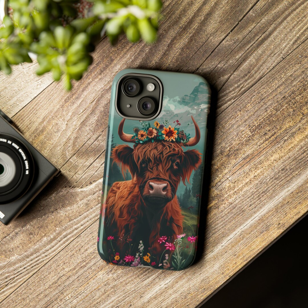 Highland Cow With Flower Crown Phone Case | Tough Cases | iPhone 15 14 ...